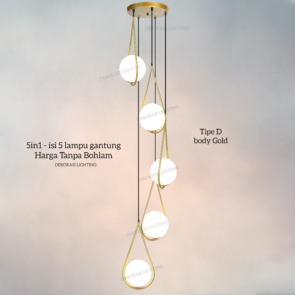 Jual Lampu gantung void tangga 5in1 hitam gold kaca susu minimalis 5lampu | Shopee Indonesia