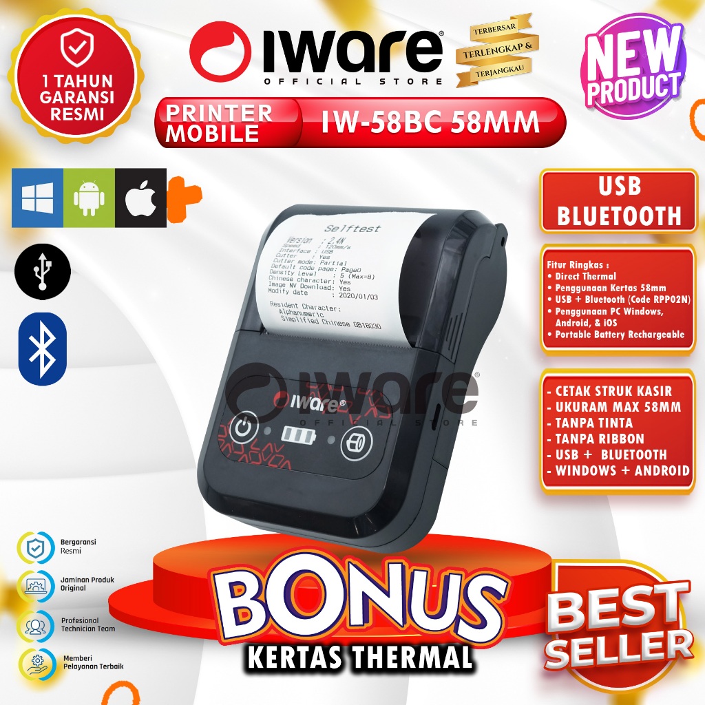 Jual Mini Printer Bluetooth Thermal kasir PPOB IWARE-58BC MP-58TT 58MM USB+BLUETOOTH | Shopee ...