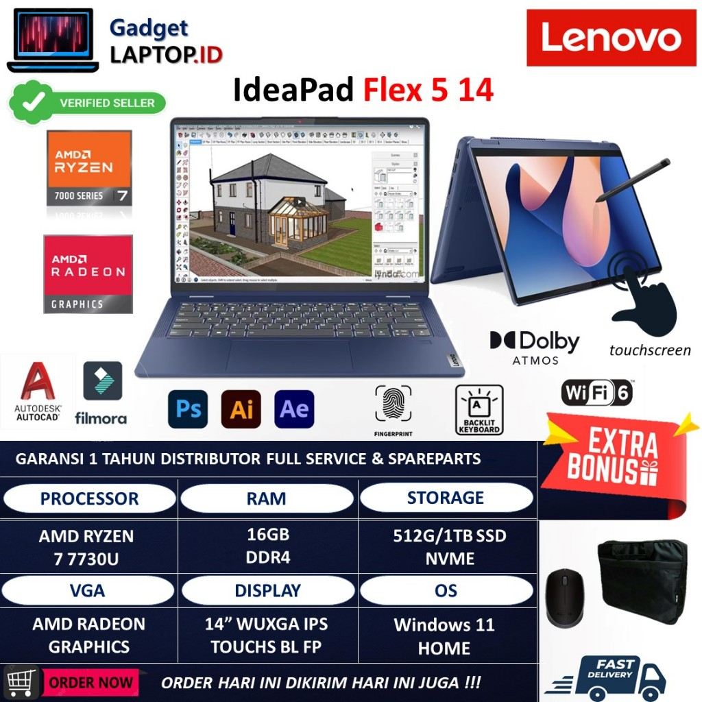 Jual Laptop 2in1 Lenovo Ideapad Flex 5 14 Amd Ryzen 7 7730U 16GB 1TB WUXGA IPS Touchscren ...