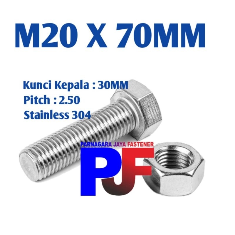 Jual Mur Baut / Bolt Nut M20 x 70 mm Stainless Steel 304 | Shopee Indonesia