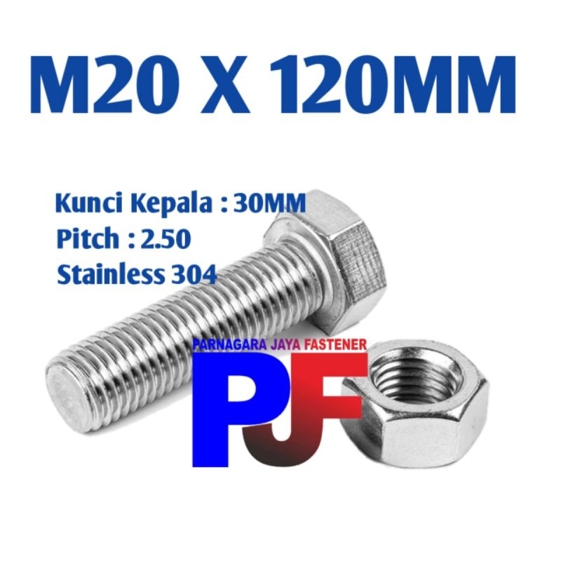 Jual Mur Baut / Bolt Nut M20 x 120 mm Stainless Steel 304 | Shopee ...