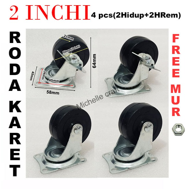 Jual 4pcs Roda Troli 2 inchi Karet kastor Roda etalase lemari 2inch ...