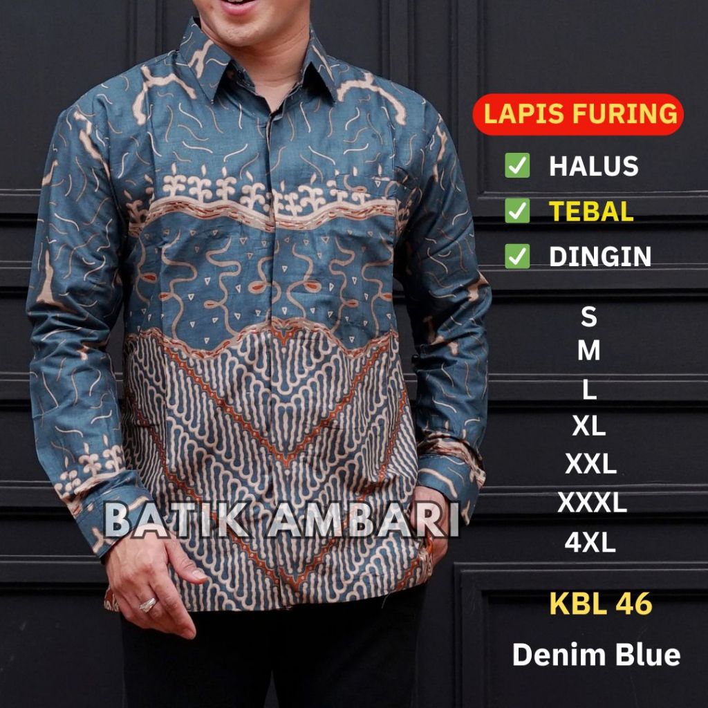 Jual Kemeja Batik LAPIS FURING Lengan Panjang Pria Premium Standar & Jumbo Biru Denim Batik ...