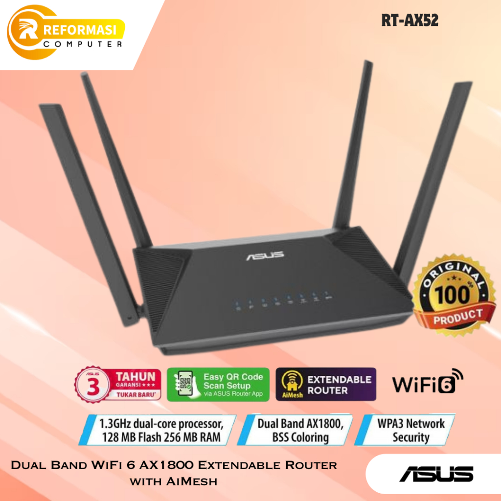 Jual ASUS RT-AX52 AX1800 Dual Band WiFi 6 Extendable Router with AiMesh ...