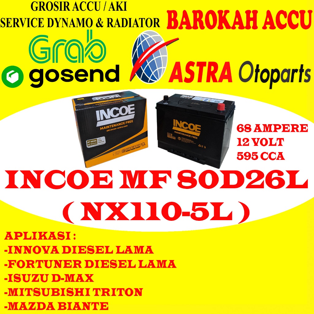 Jual AKI INCOE MF 80D26L / NX110-5L , 68 AH ASTRA OTOPARTS | Shopee ...