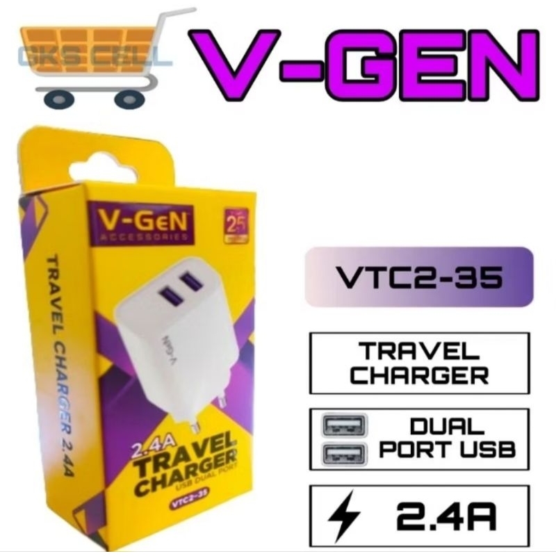 Jual kepala charger V-gen VTC2-20 ganti : VTC2-35 2.4A 2 port USB ...