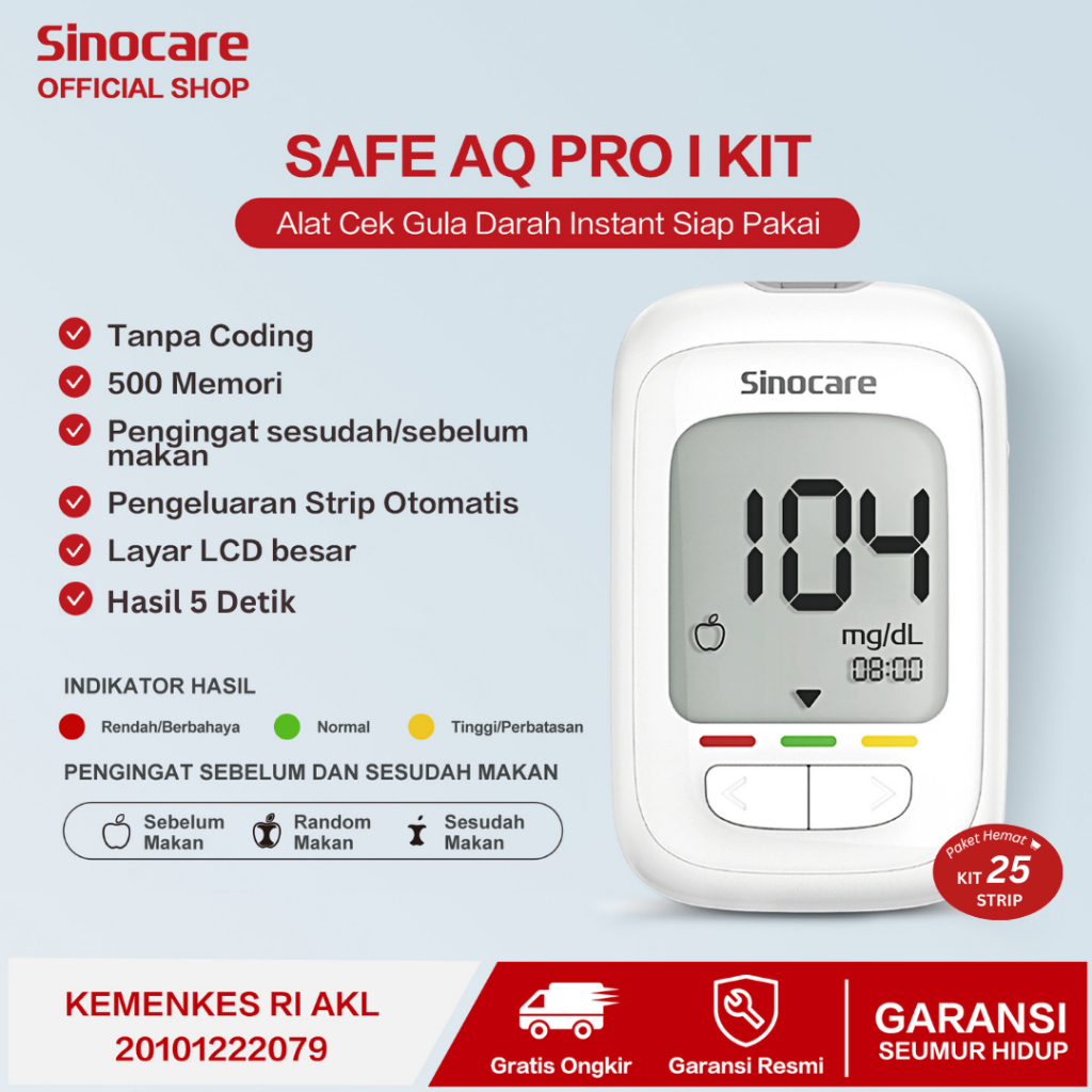 Jual Alat Ukur Cek Gula Darah Instant Sinocare Safe AQ Pro 25 Kits Alat ...