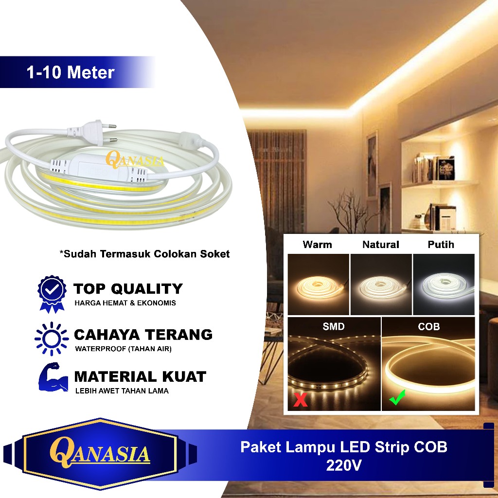 Jual Lampu LED Strip COB 220V Set Soket Colokan 1m-10m Waterproof ...