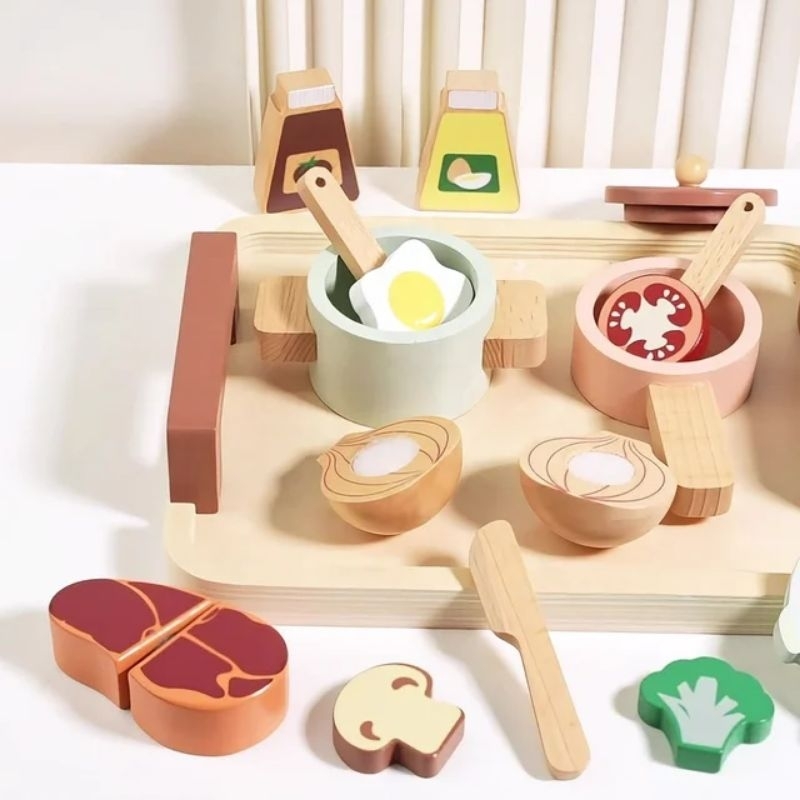 Jual mainan kayu masak-masakan anak dengan tray/kids wooden cooking set ...