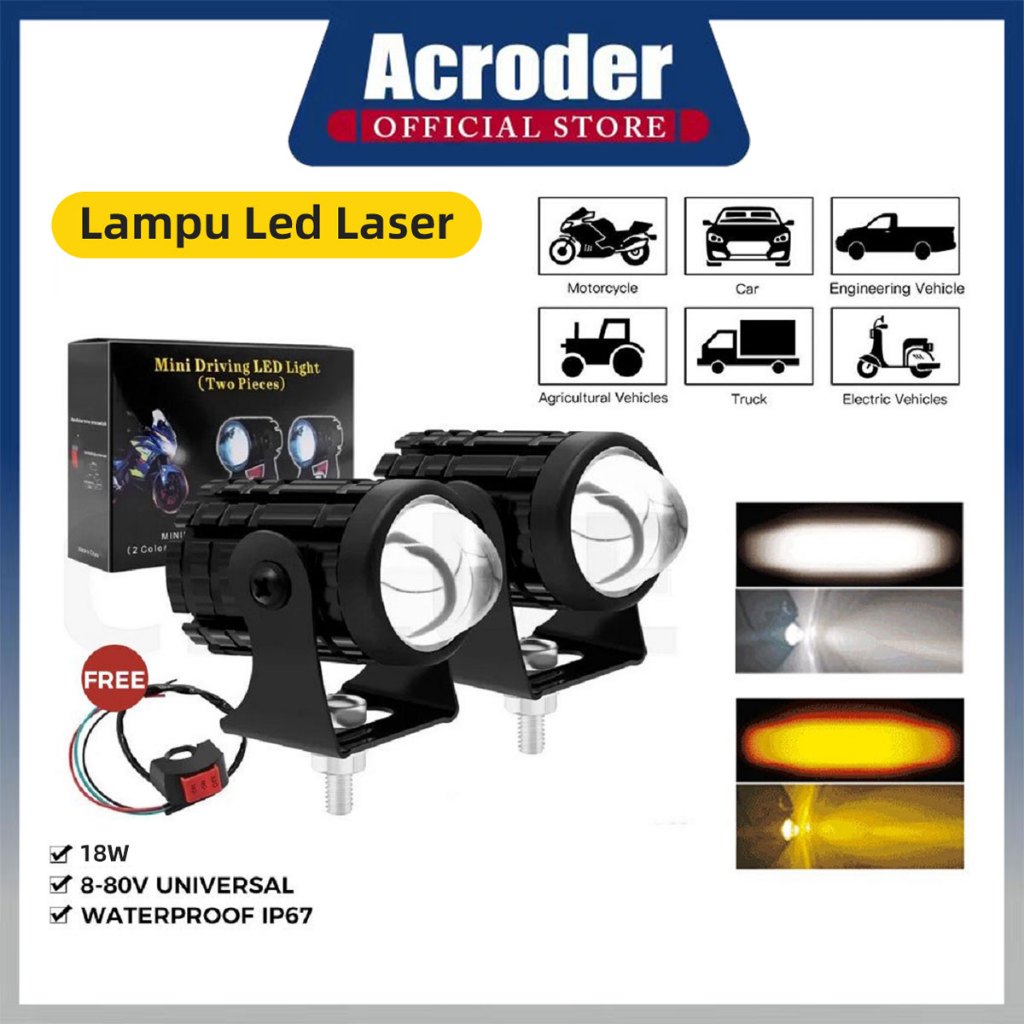 Jual Acroder Lampu Tembak Motor Mini Laser Led 2 PCS Hi Lo 2 Warna ...
