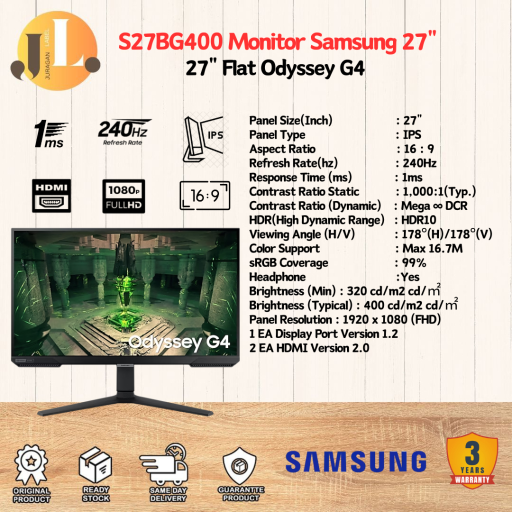 Jual Monitor SAMSUNG 27" Inch Odyssey G4 S27BG400 FHD HDMI 240Hz G-Sync ...