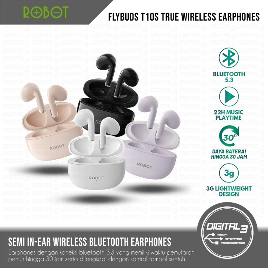 Jual ROBOT Flybuds T10S TWS Earphone Wireless Bluetooth BT Semi In-Ear ...