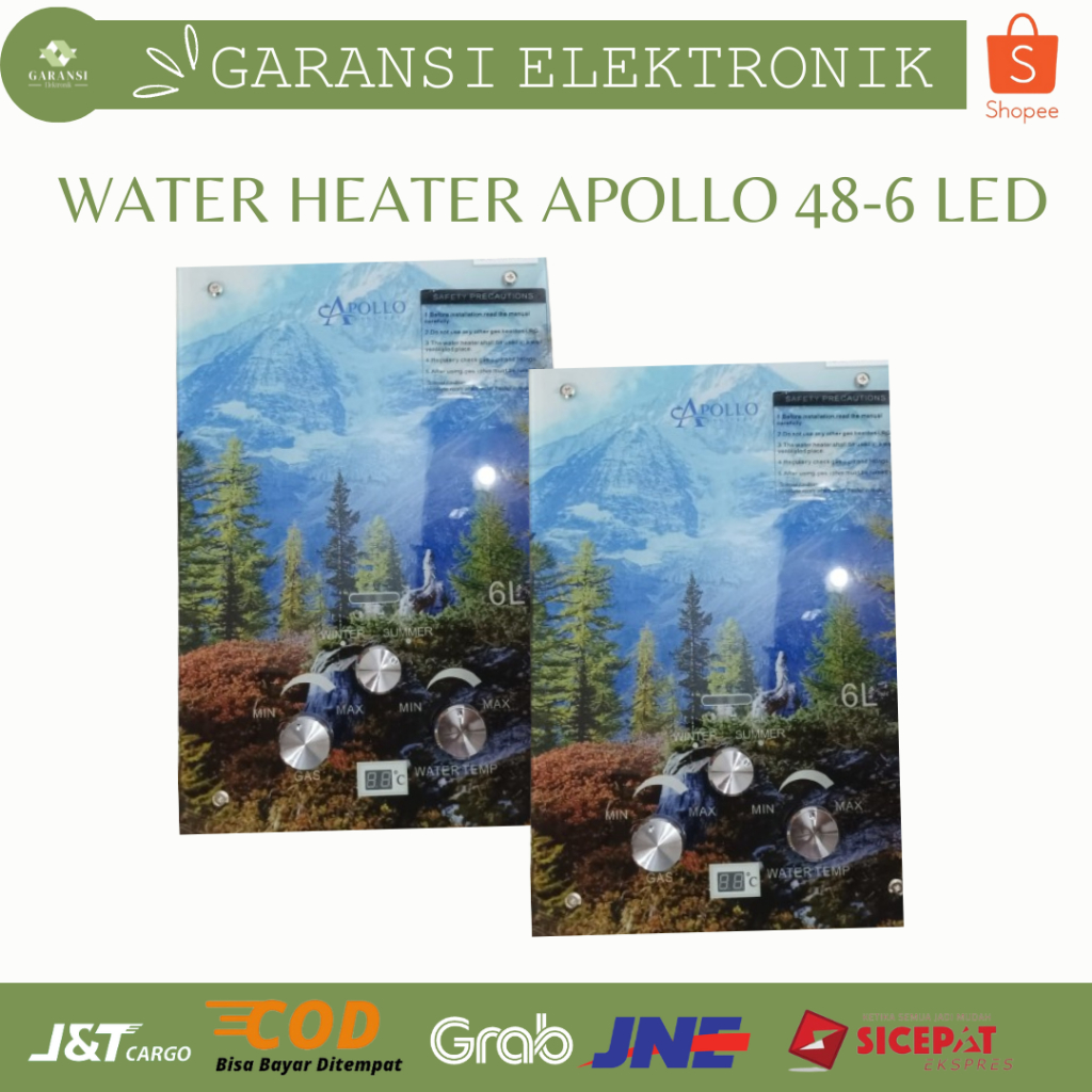 Jual WATER HEATER GAS KACA APOLL 48 6LED PEMANAS AIR KAMAR MANDI GAS ...