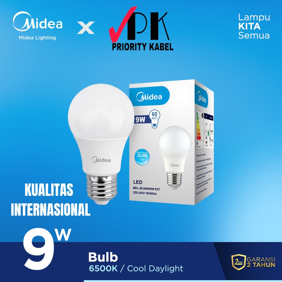 Jual Lampu Bulb Led Midea 9 Watt Kuning 3000K Warm, Putih 4000K Natural, Putih 6500K Cool ...