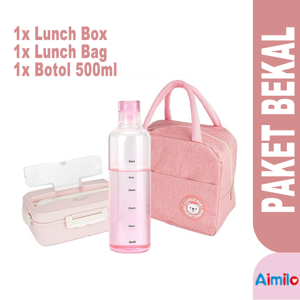Jual Lunch Box Set Kotak Bekal Makan Botol Minum Lunch Bag Jerami Gandum Paket Kotak Makan ...
