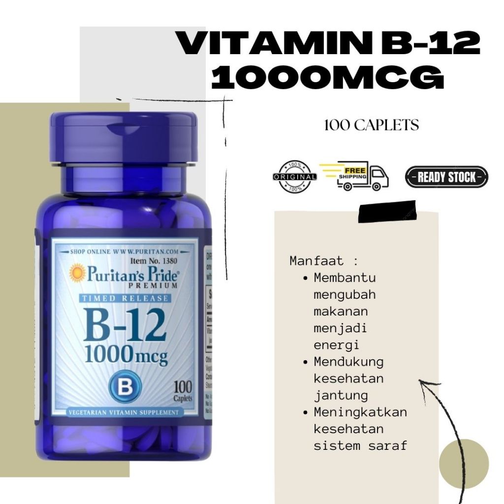 Jual Puritan's Pride Vitamin B-12 1000 mcg Timed Release 100 Caplets untuk Kesehatan Jantung dan ...