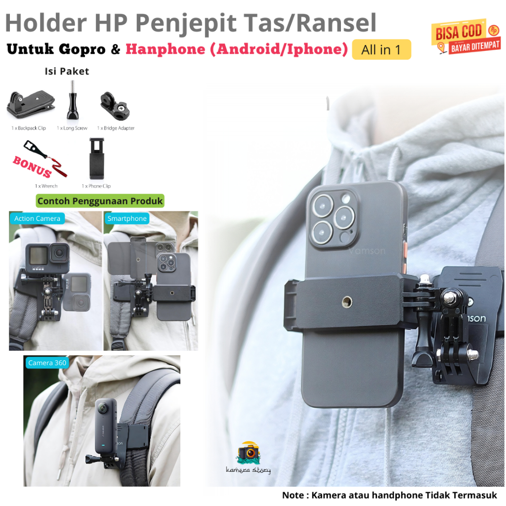Jual Backpack Clip Clamp Mount 360 Rotary + Smartphone HP Holder for ...
