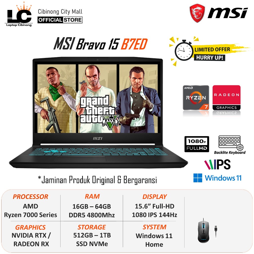 Jual Laptop Gaming Murah MSI Bravo 15 B7ED Ryzen 7 7735HS 16GB DDR5 ...