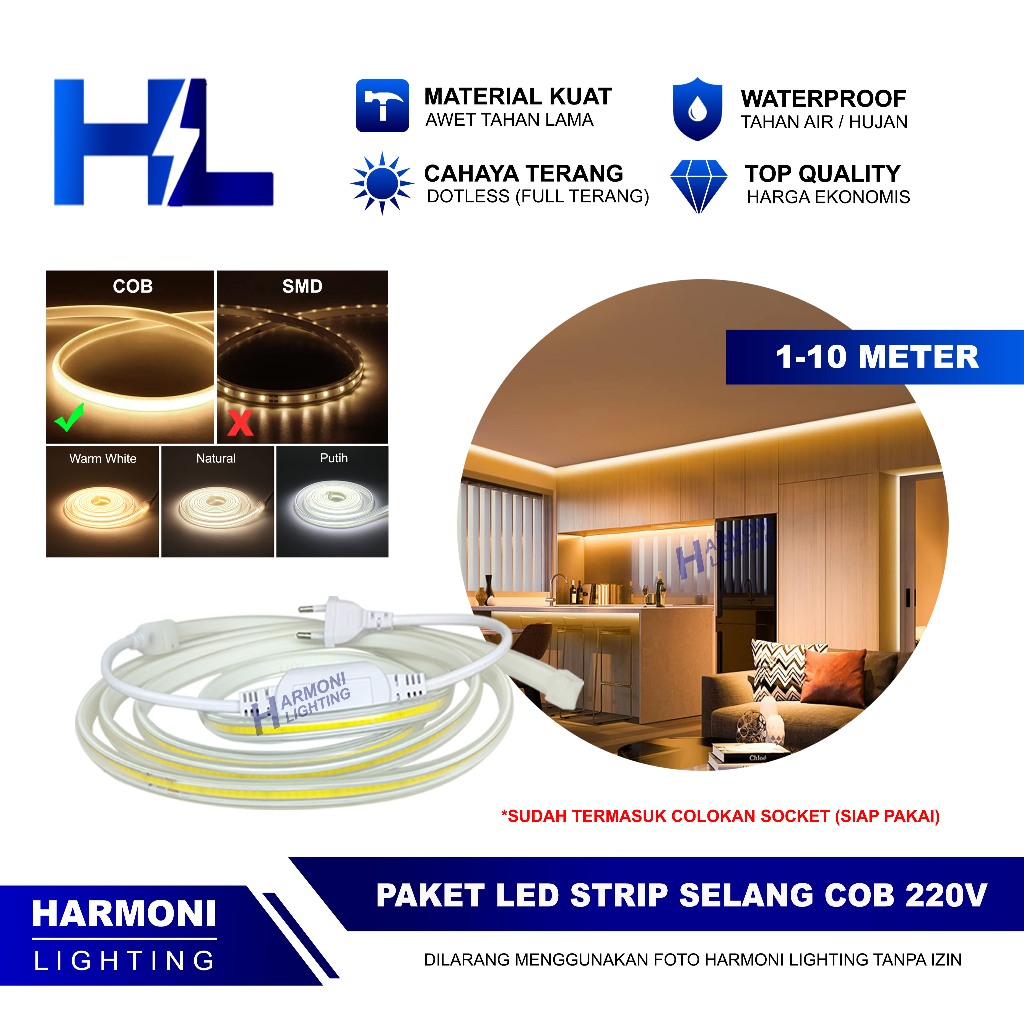 Jual LED Strip COB 220V Panjang 1-10 Meter Plus Colokan Lampu Plafon ...