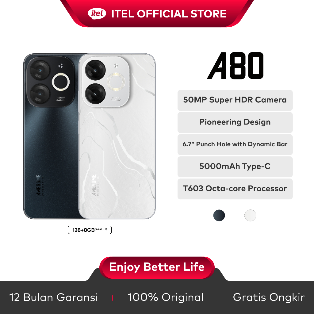Jual itel A80 4+4/128GB Memory - 50MP Super HDR Camera - Pioneering Design - 6.7" Punch Hole ...