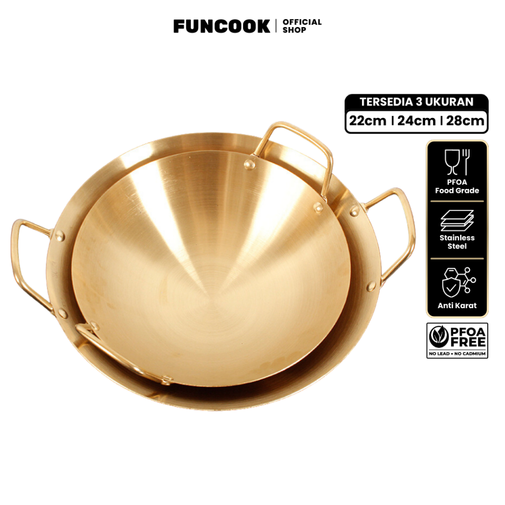 Jual FUNCOOK Gold Wajan Penggorengan Kuali Mini Stainless Steel Gagang ...