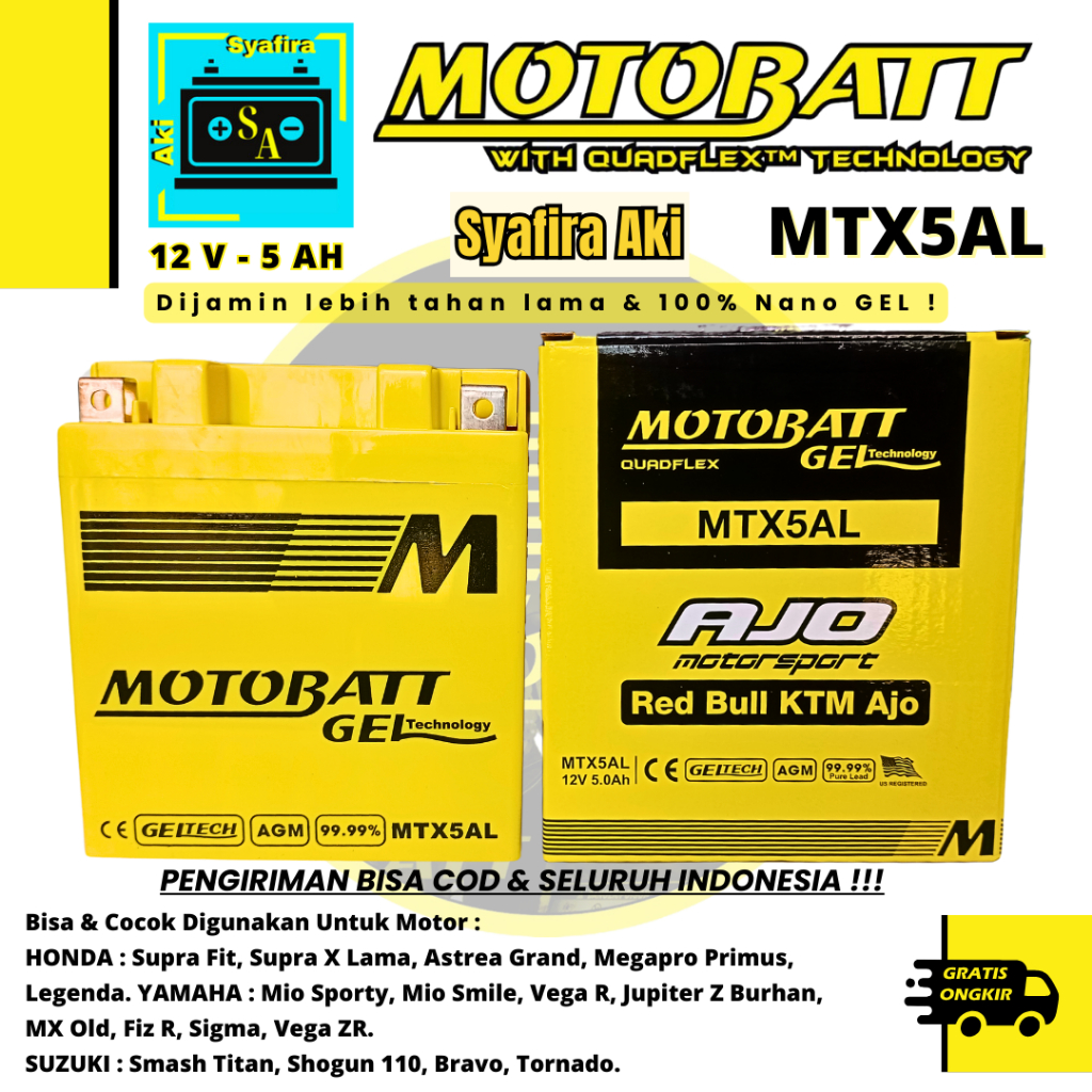 Jual AKI MOTOR FIT X, MIO SMILE, PULSAR 135, SMASH, F1ZR, KAZE R, ASTREA GRAND MOTOBATT MTX5AL ...