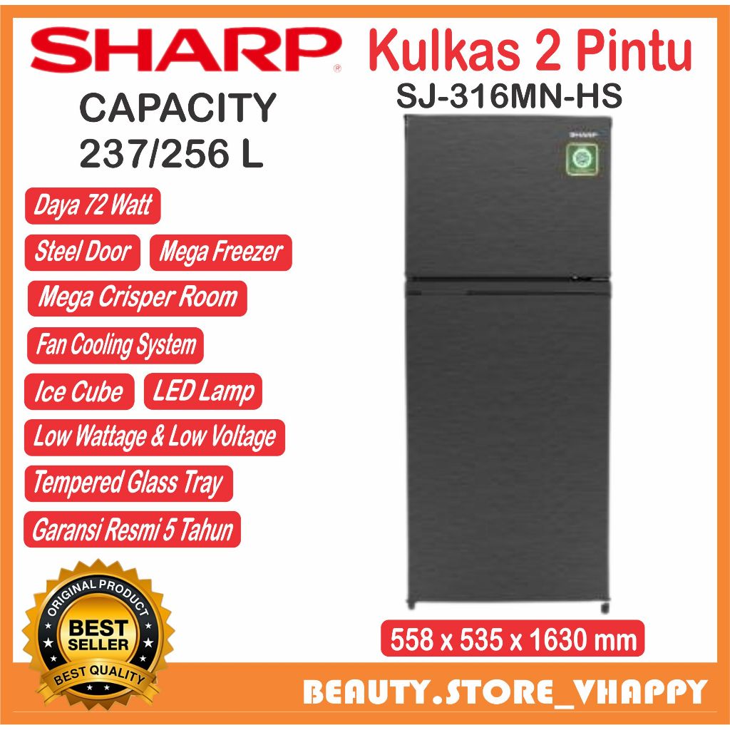 Jual Kulkas Sharp 2 pintu SJ316MNHS SJ-316MN-HS Garansi Resmi Original ...