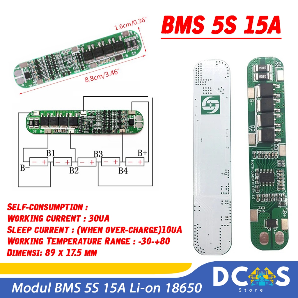 Jual Modul BMS Battery Management System 5S 15A Li-Ion 18650 Battery ...
