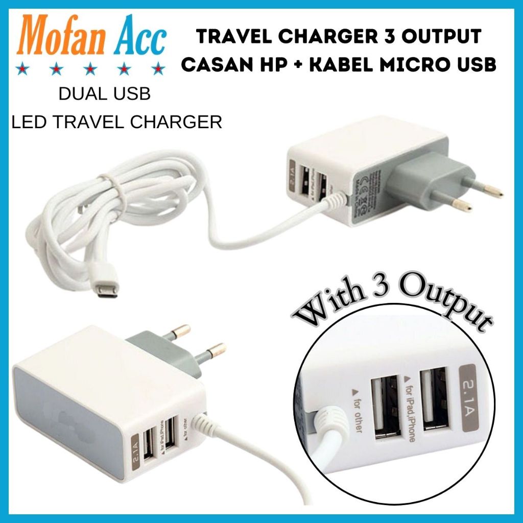 Jual Travel Charger 3 Output 2.1A Kabel Data Casan HP Android 3in1 Dual ...