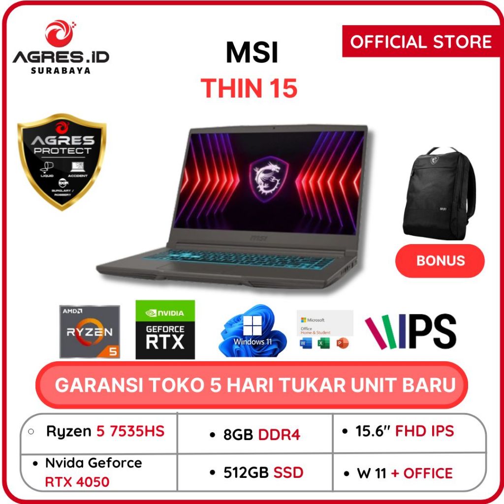 Jual MSI THIN A15 Ryzen 5 7535HS RTX4050 6gb/ 8gb 512gb 15.6 inch FHD 144Hz Backlit Windows 11 ...