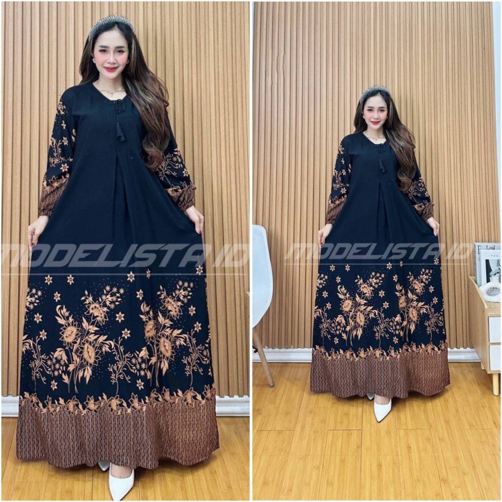 Jual Fatima Gamis Dress Bahan Rayon Motif Bunga Resleting Depan Busui Tali Samping Lengan ...