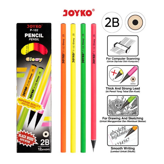Jual Pencil / Pensil Joyko P-102 / 2B / Glowy / 1 BOX 12 PCS | Shopee Indonesia