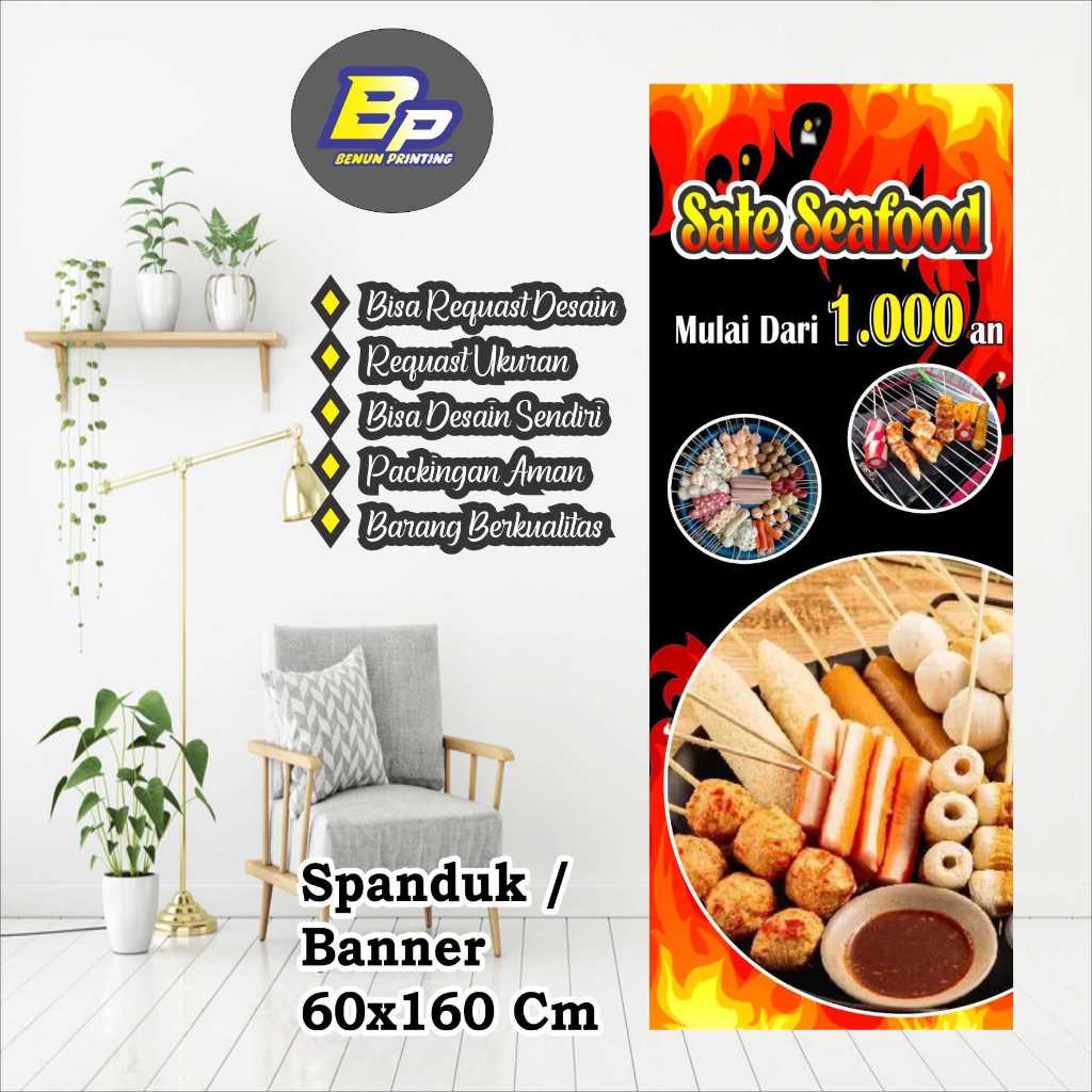 Jual Spanduk Banner 60X160 Cm Sate Seafood Berdiri Bisa Request Desain ...