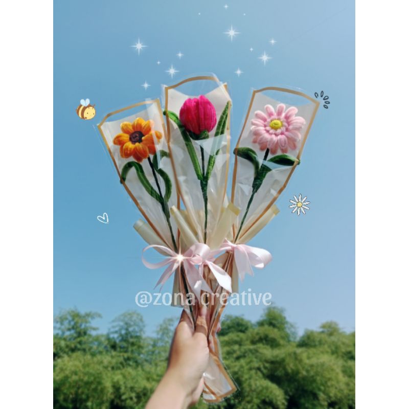 Jual Single Flower Bouquet Buket Valentine Buket Bunga Kawat Bulu