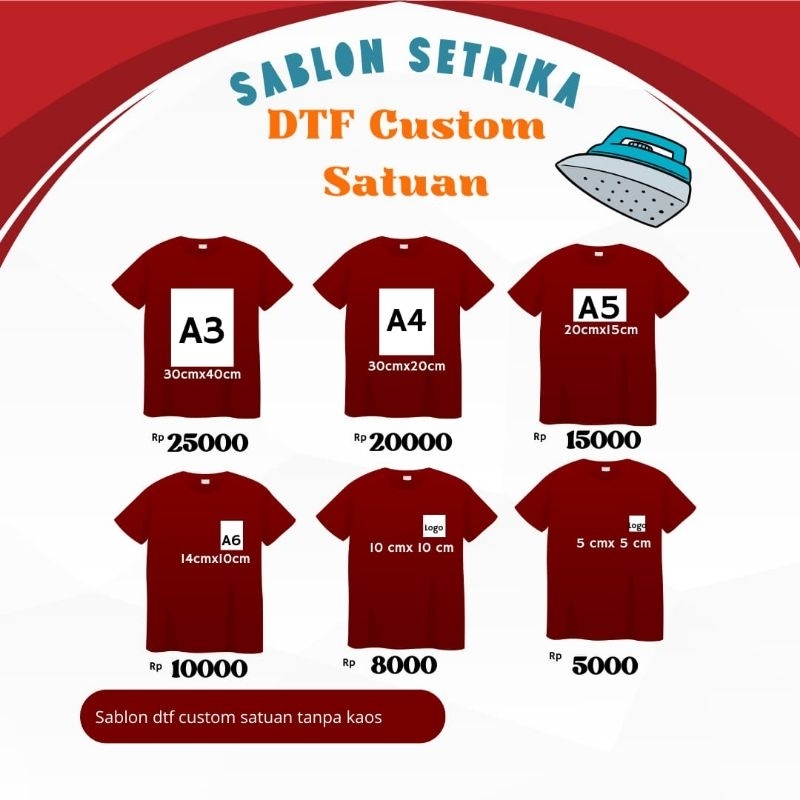 Jual sablon setrika DTF satuan custom gambar dan ukuran A3 A4 A5 A6 print untuk kaos baju Tas ...