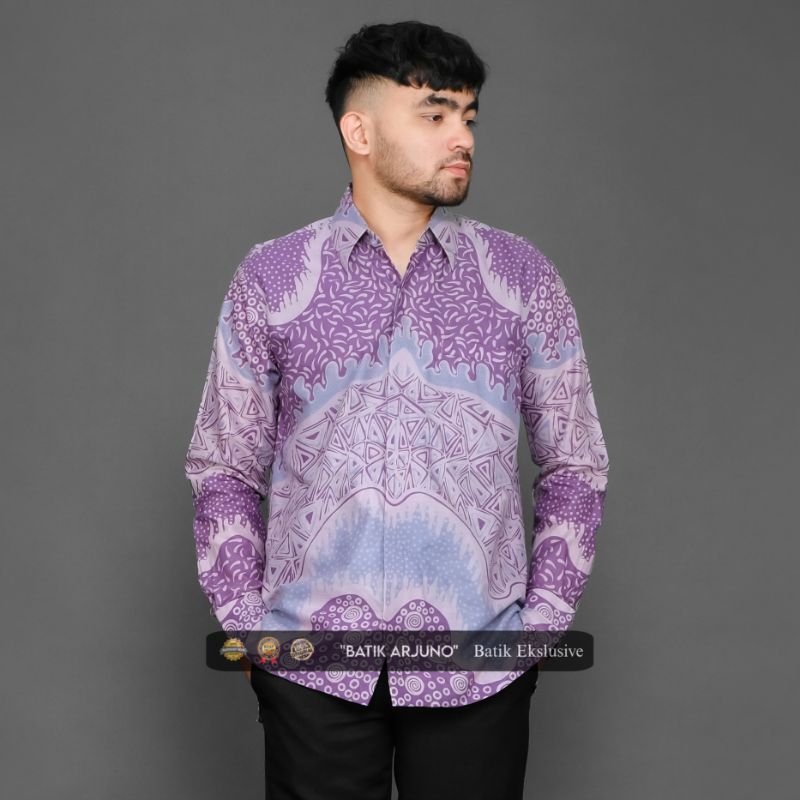 Jual kemeja baju batik pria lapis furing lengan panjang katun Taro lilac | Shopee Indonesia