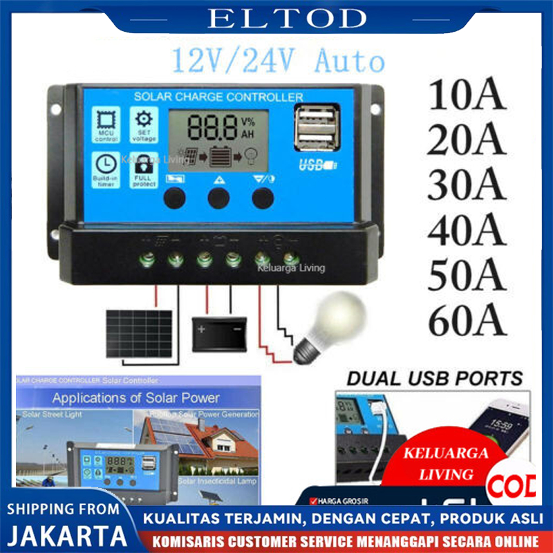 Jual Solar Charge Controller LCD LED Display Solar Cell PWM 12V 24V 10A ...