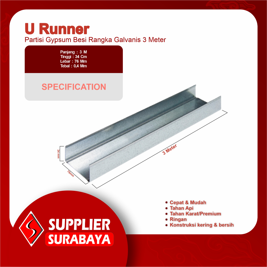Jual U Runner Ukuran 3 Meter Partisi Gypsum Besi Rangka Galvanis baja ringan | U Runner Baja ...