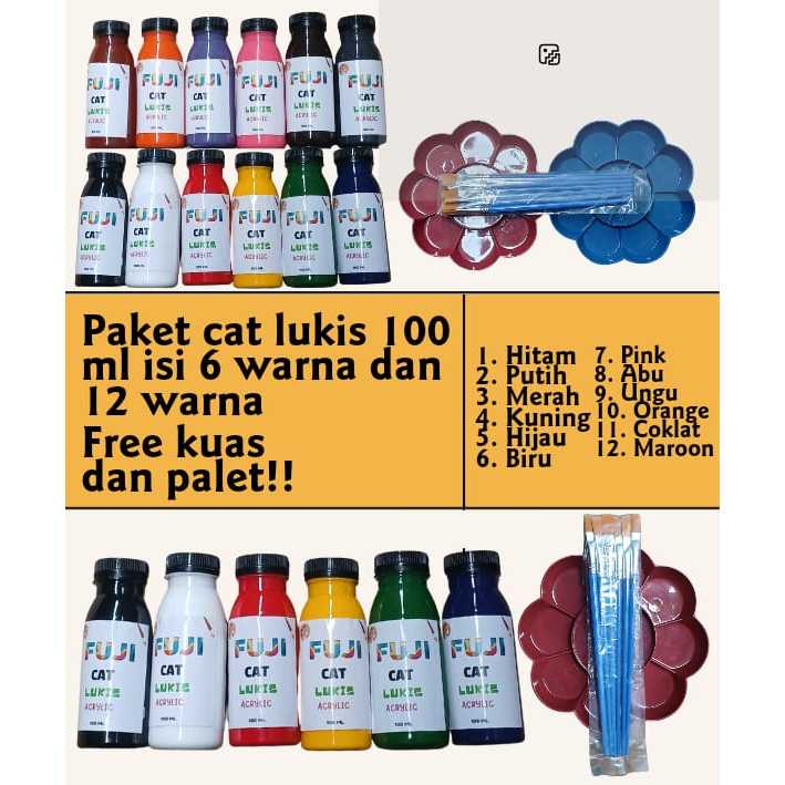Jual 1 Paket cat 100 ML isi 6 warna dan 12 Warna bonus kuas dan palet ...