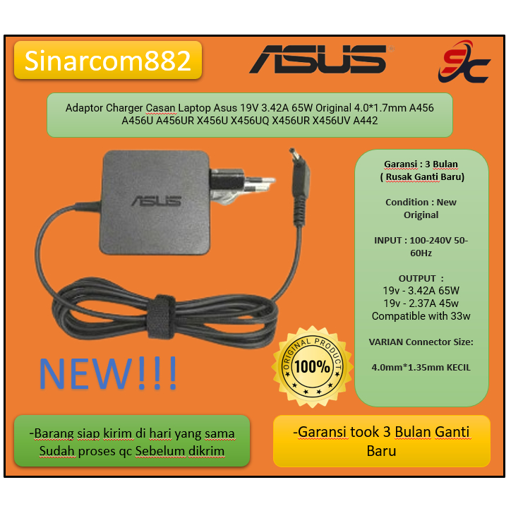 Jual Adaptor Charger Casan Laptop Asus 19V 3.42A 65W Original 4.0*1.7mm A456 A456U A456UR X456U ...