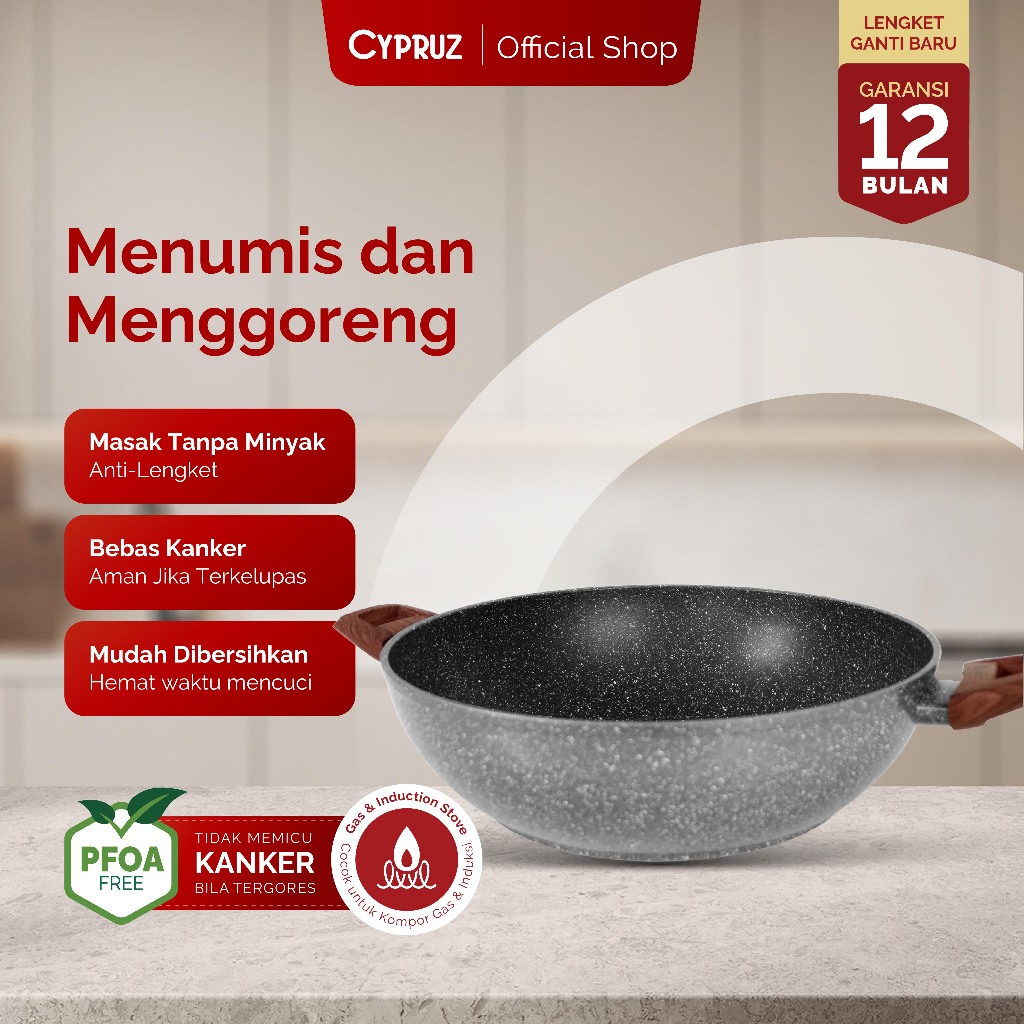 Jual Cypruz Wajan Kuali Anti Lengket Tanpa Tutup Marble Series Wok Pan Induksi 30 cm | Shopee ...