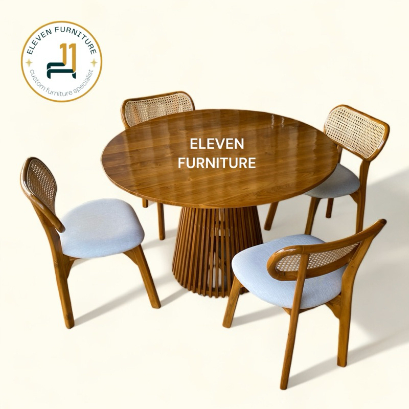 Jual SET MEJA MAKAN BULAT JARI 4 KURSI KACANG ROTAN JAMUR kayu jati cafe rest minimalis retro ...