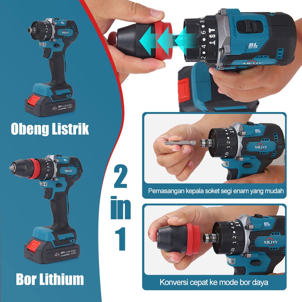 Jual MLHY Mesin Bor Baterai Brushless 3Mode Impact bor design 2 in1 bor ...