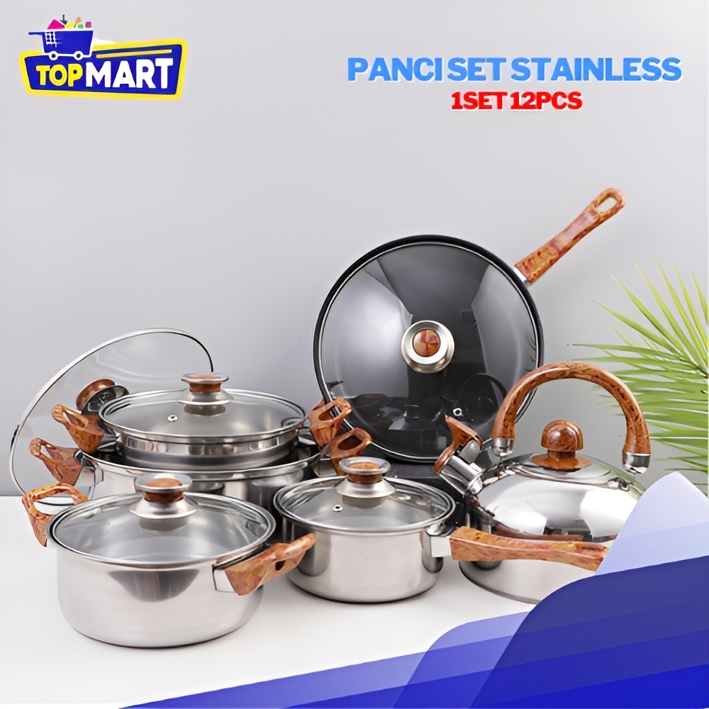 Jual Panci Wajan Teko set 12pcs Stainless steel with tutup kaca merk ...