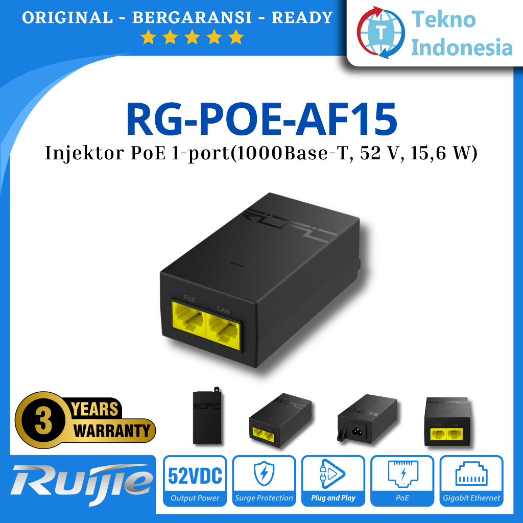 Jual Ruijie Reyee RG-POE-AF15 Injektor PoE 1 port 1000Base-T 52V 15,6W ...
