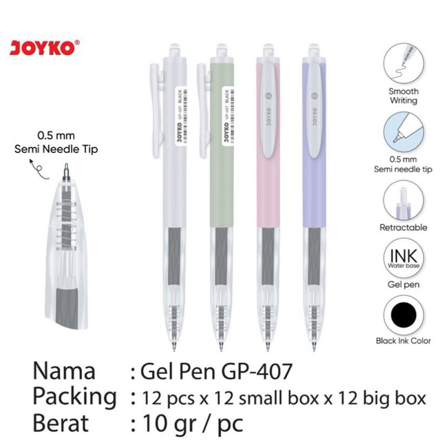 Jual ( 1 pcs ) GP407 Pulpen Gel Retractable Warna Pastel Joyko 0.5 mm ...