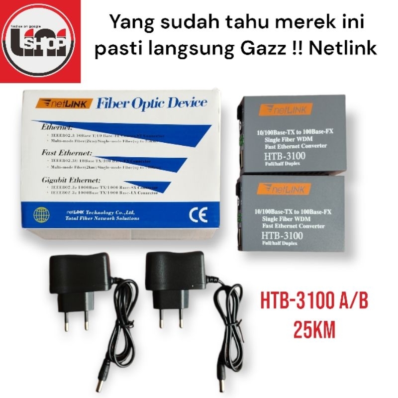 Jual Netlink HTB-3100 25Km FIBER OPTIC MEDIA CONVERTER to lan rj45 10/ ...
