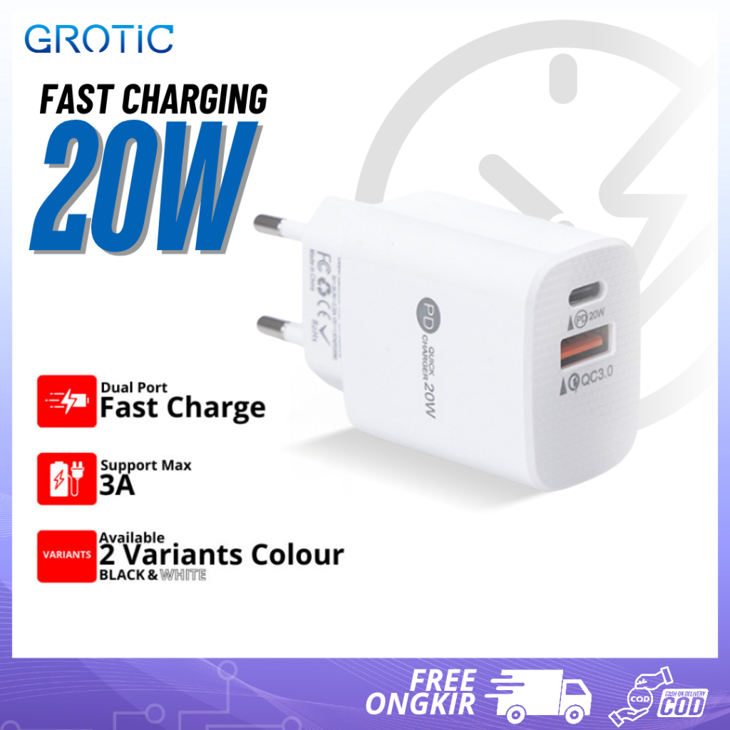 Jual GROTIC Kepala Charger Fast Charging Dual Port USB Type C PD20W + QC3.0 Charger Adaptor ...