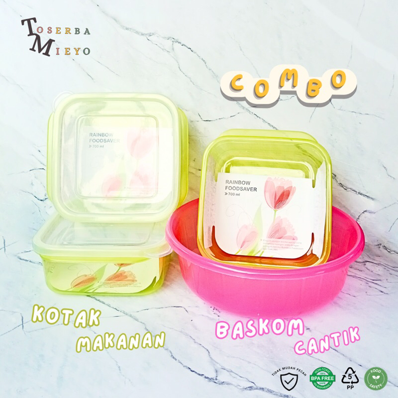 Jual [ COMBO ] Kotak Bekal Makan / Makanan Susun 3 dan Baskom Cantik ...