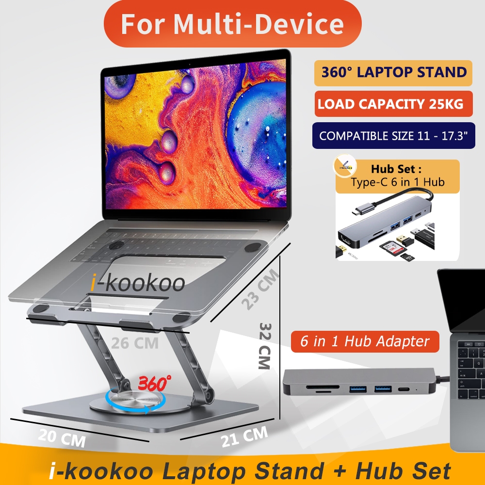 Jual I-KOOKOO FOLDABLE LAPTOP STAND,6IN1 HUB+ROTASI 360° STAND LAPTOP BRAKET PENDINGIN,BAJA ...